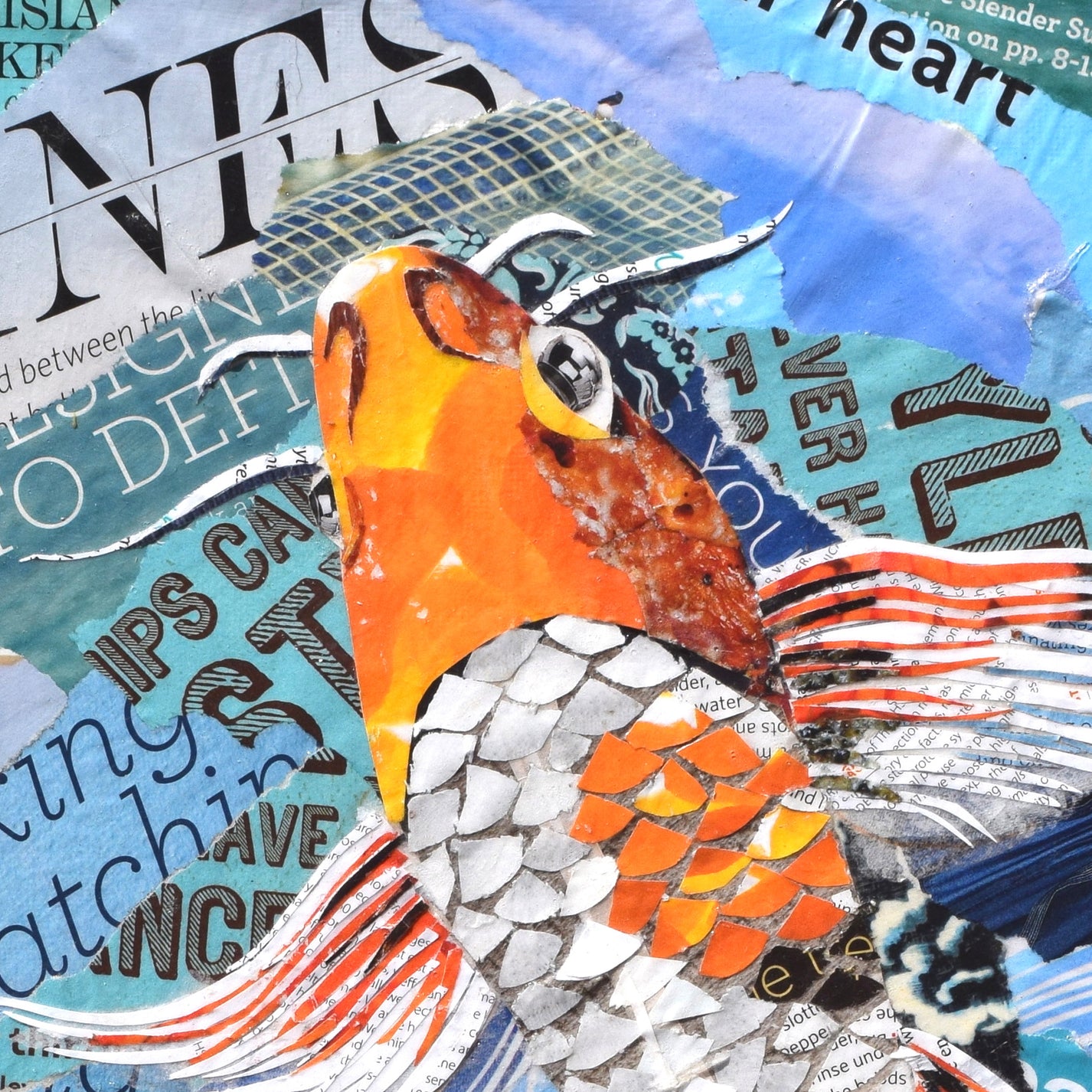Paper collage art of a fish – Deborah Shapiro Art